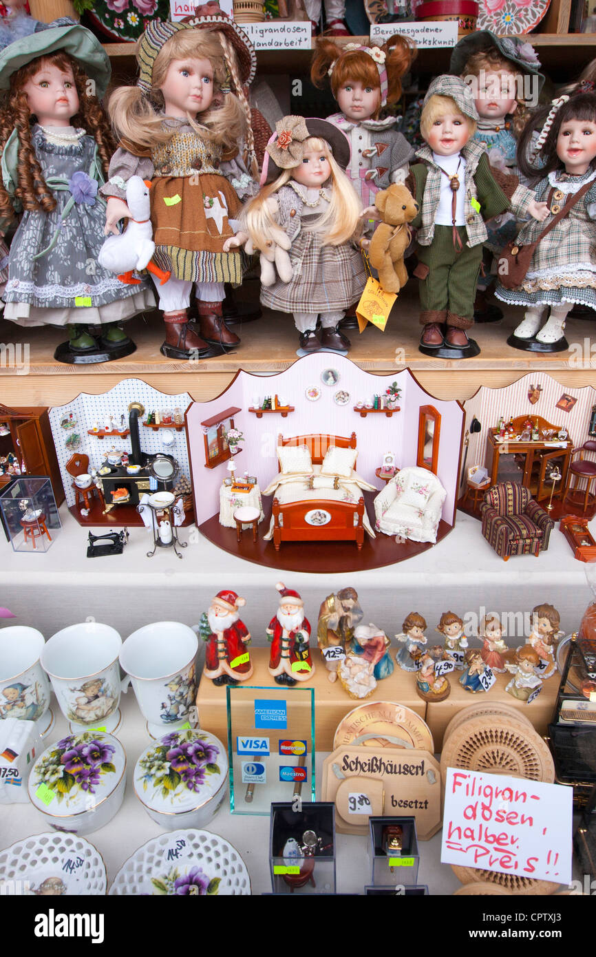 Toy shop window with dolls and traditional goods in Berchtesgaden in ...