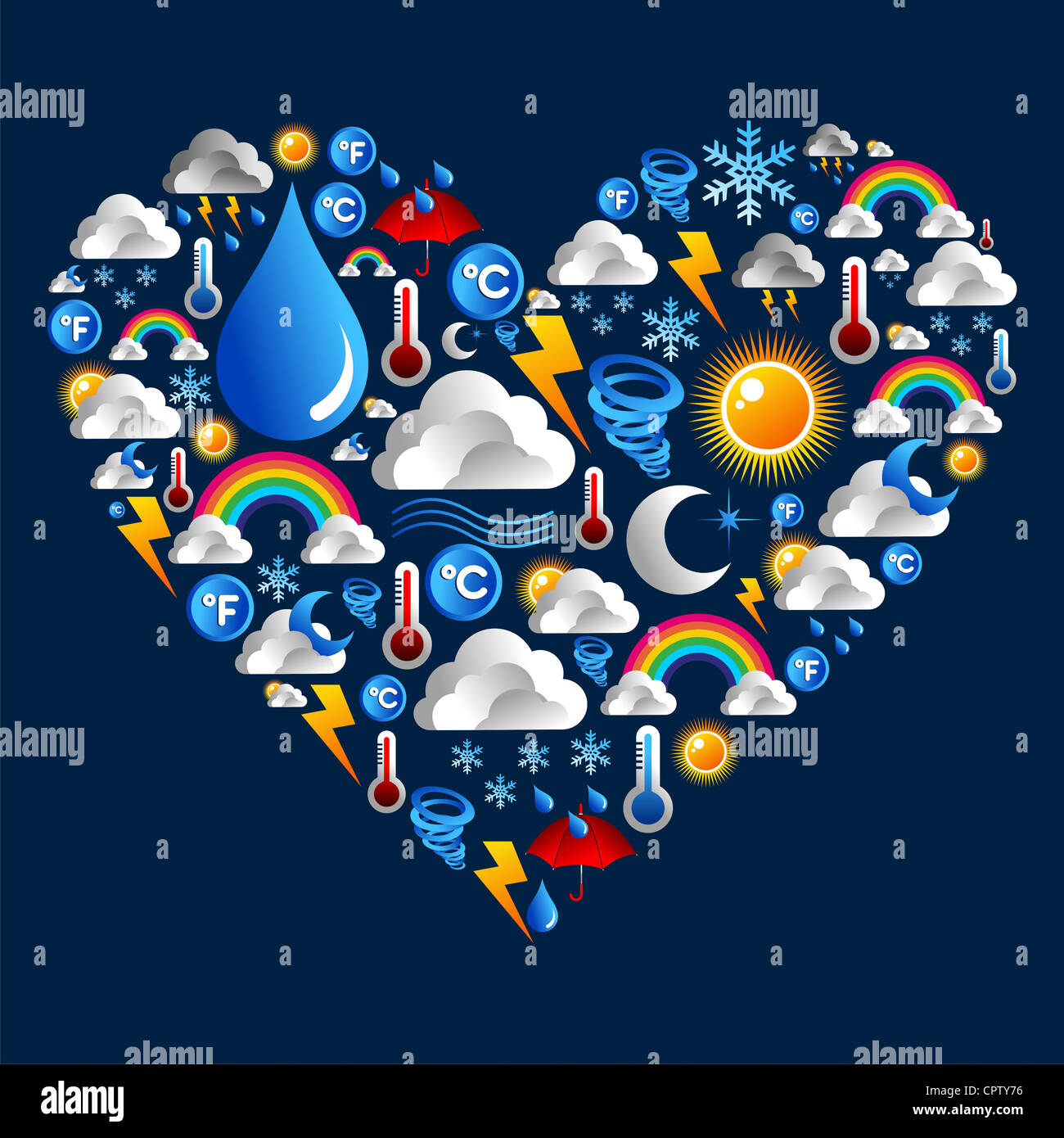 Weather Icons set in love heart shape over blue background. Vector file ...
