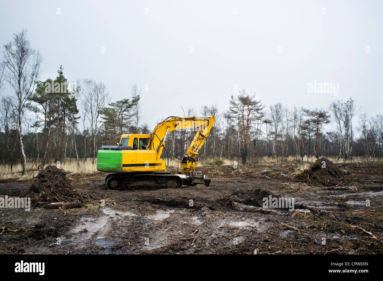 Digger in a by a forest fire destructed terrain in the Kalmthoudse ...