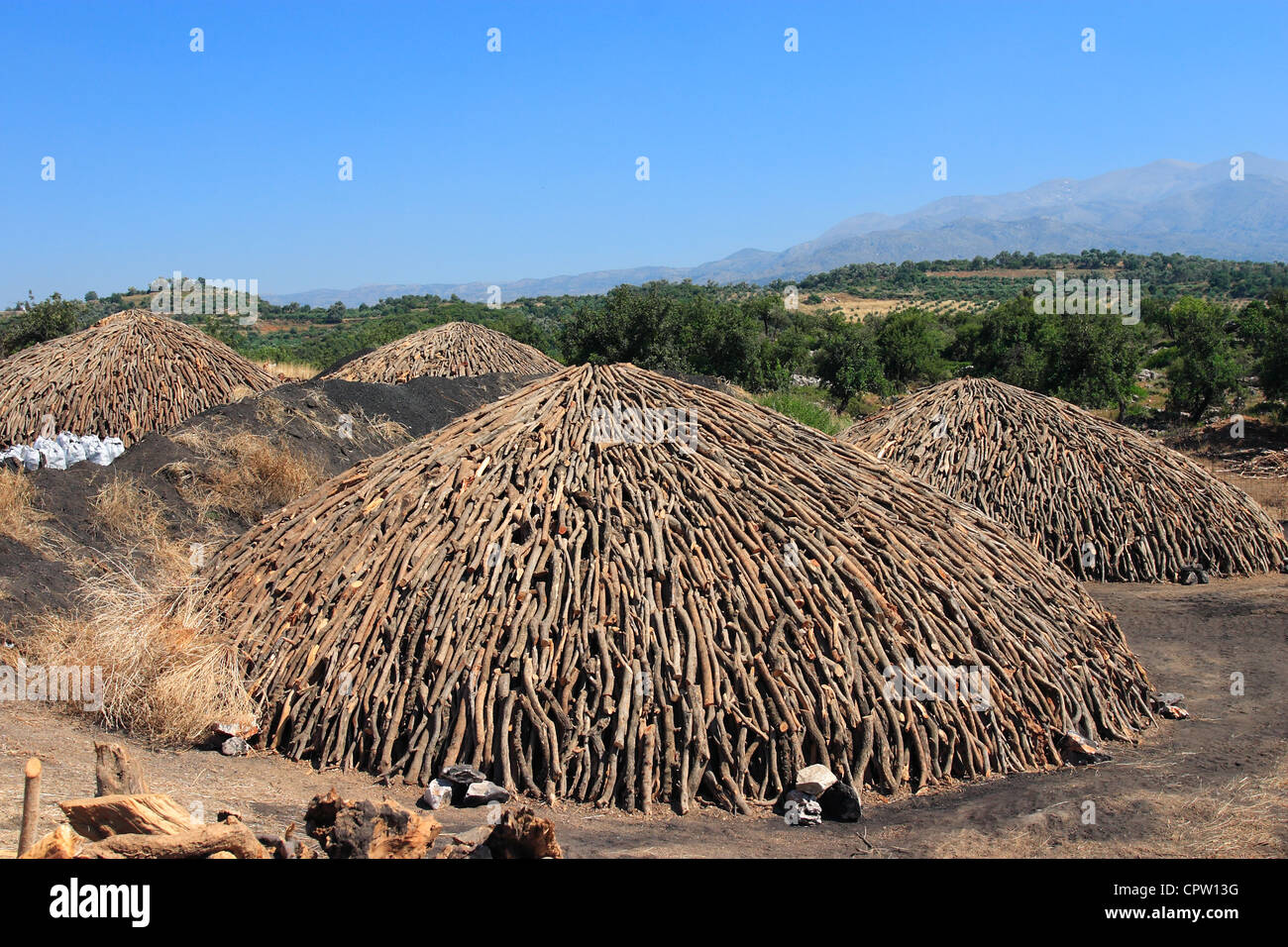 Charcoal being produced on the Greek island of Crete beneath Psiloritis ...
