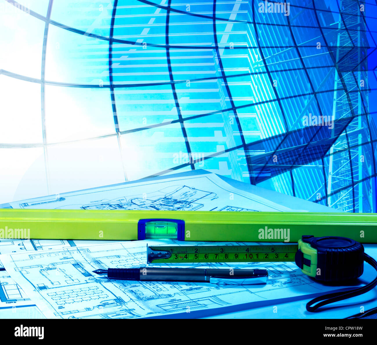 Construction building, work place and blueprints concept Stock Photo ...
