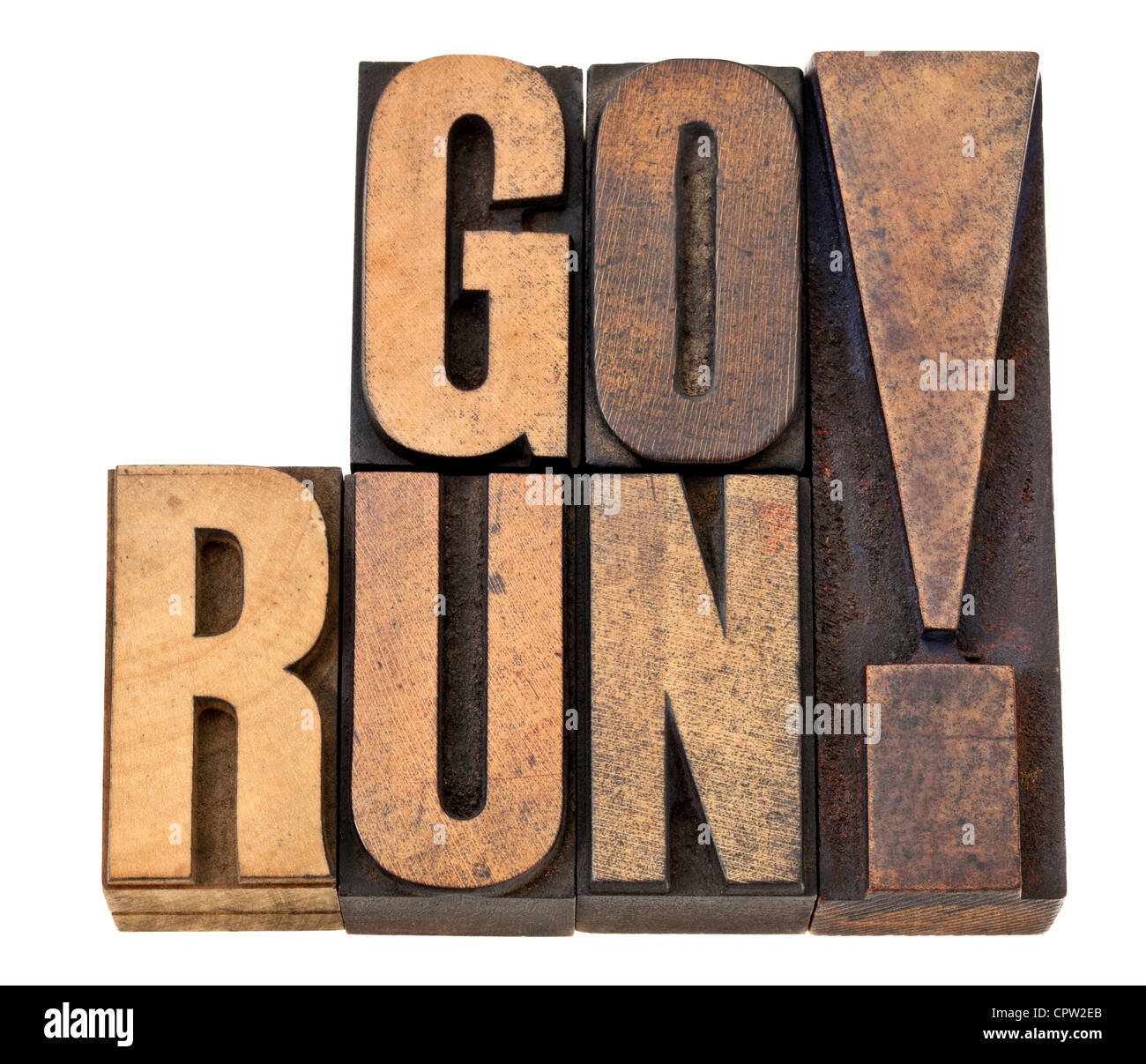 go run exclamation - fitness concept - isolated text in letterpress ...
