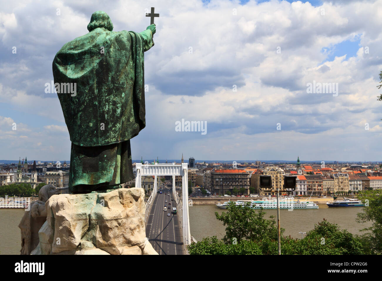 Bishop Gellert statue looking down on Erzsebet bridge to Pest part of ...