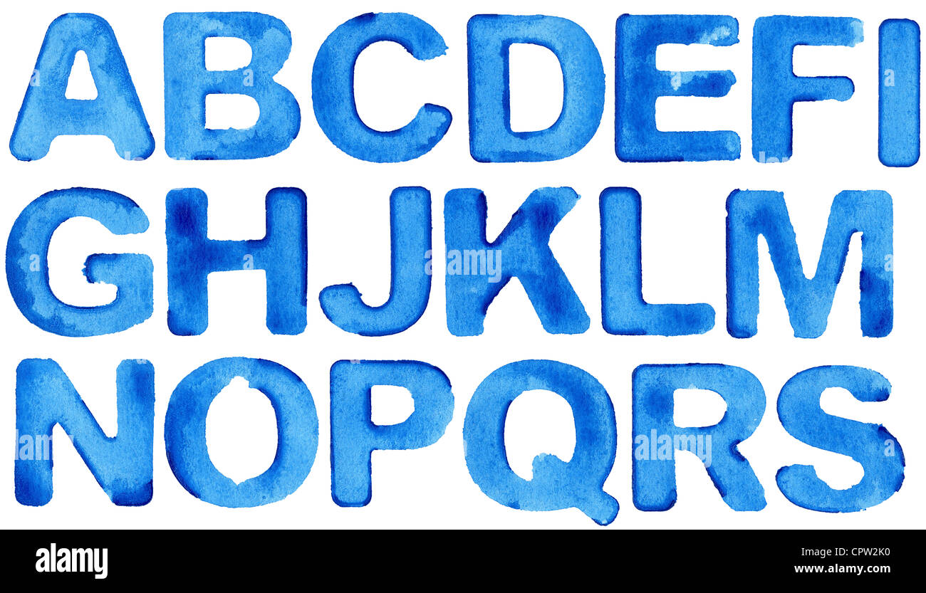 Painted blue watercolor alphabet, isolated Stock Photo - Alamy