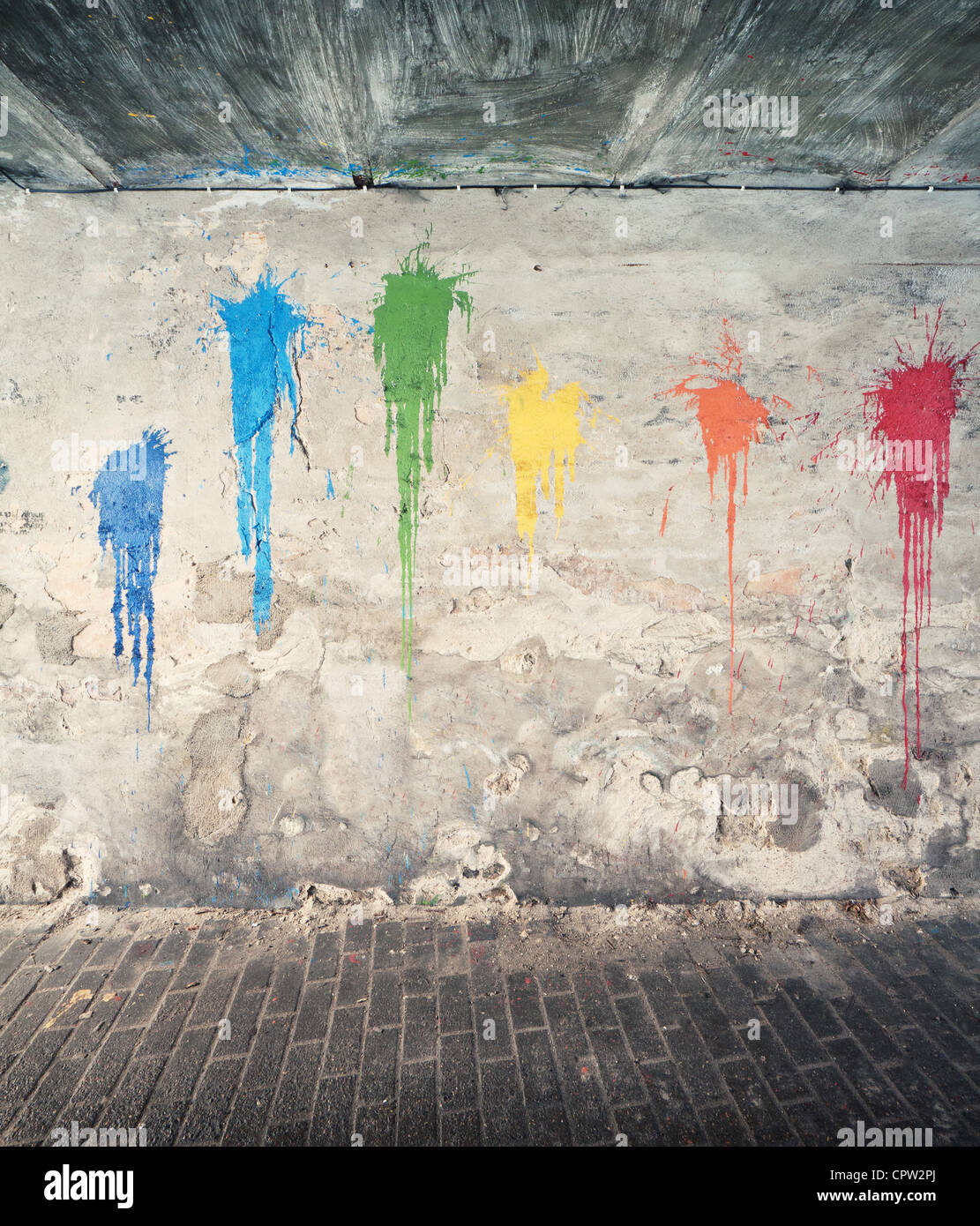 Aged street wall background with colorful paint splashes Stock Photo ...