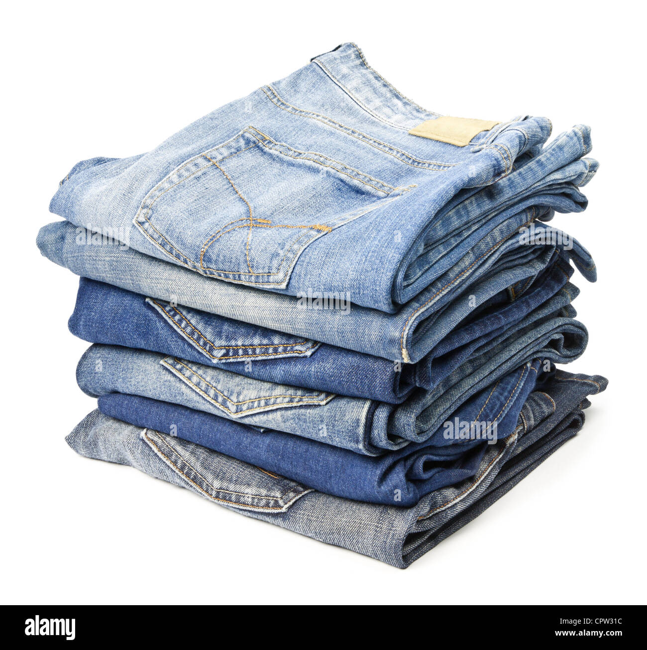 Jeans trousers stack on white background Stock Photo - Alamy
