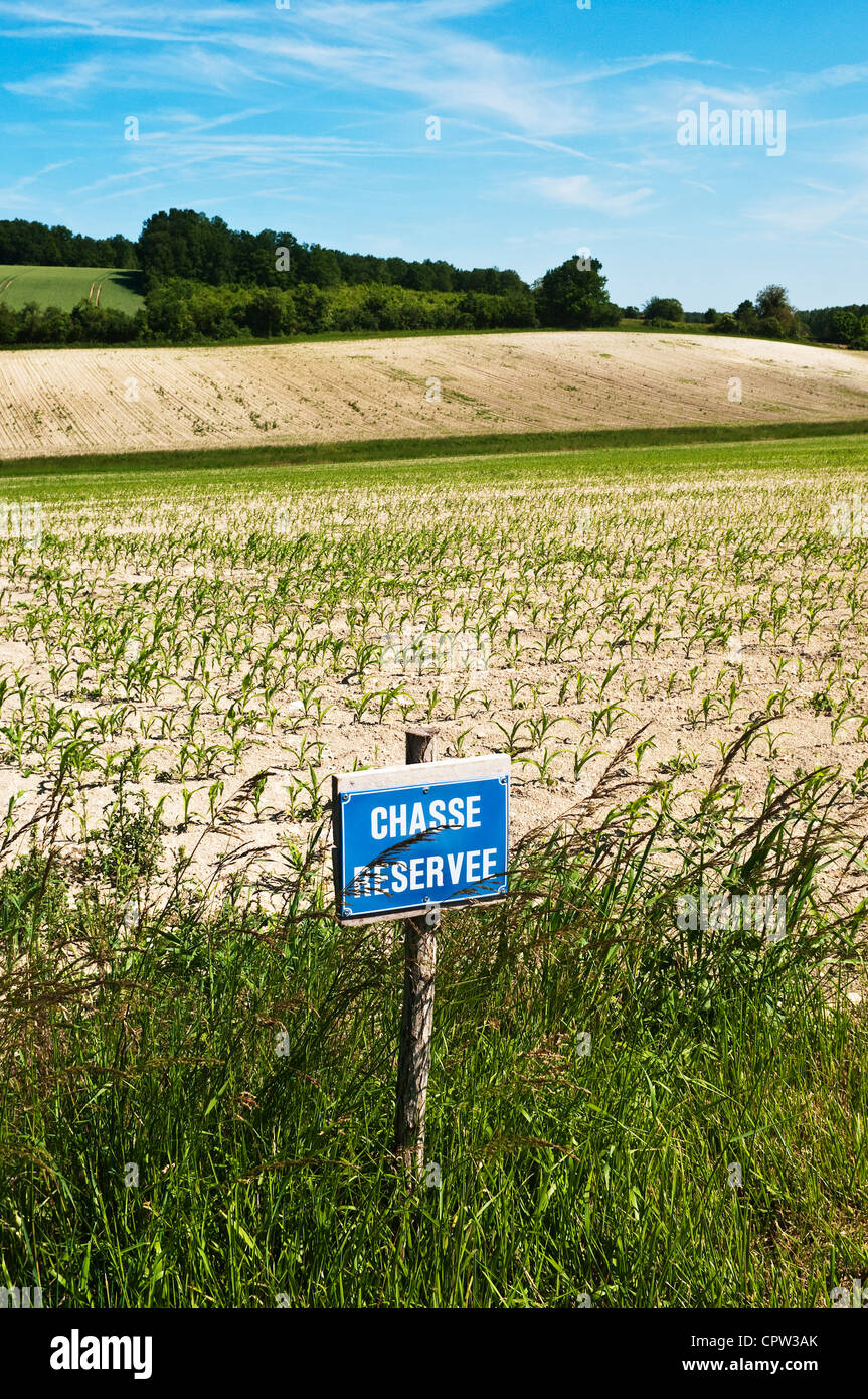 French "Chasse Reservee" / private hunting warning sign on farmland ...