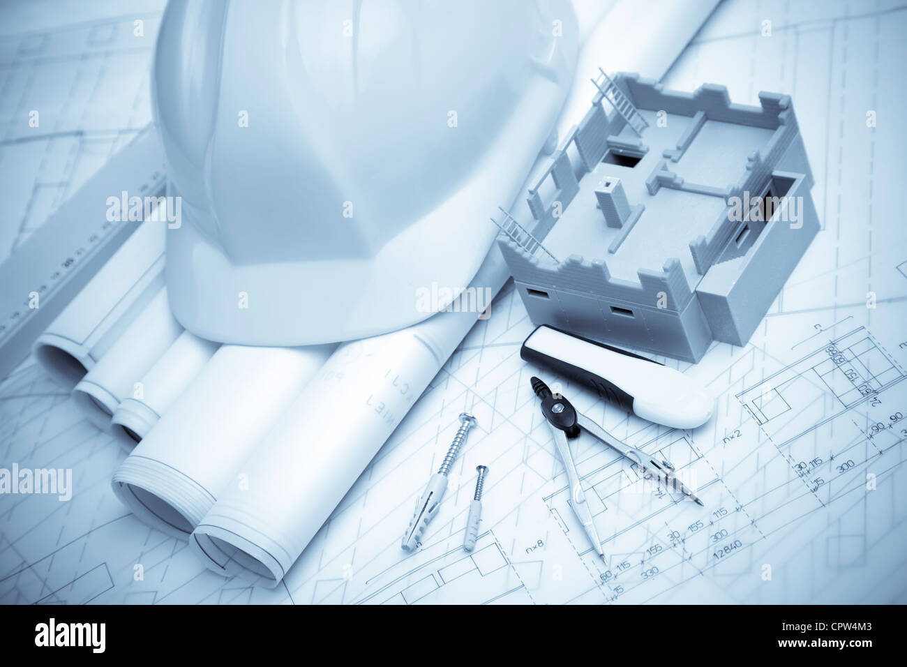 Architecture tools, blueprints Stock Photo - Alamy