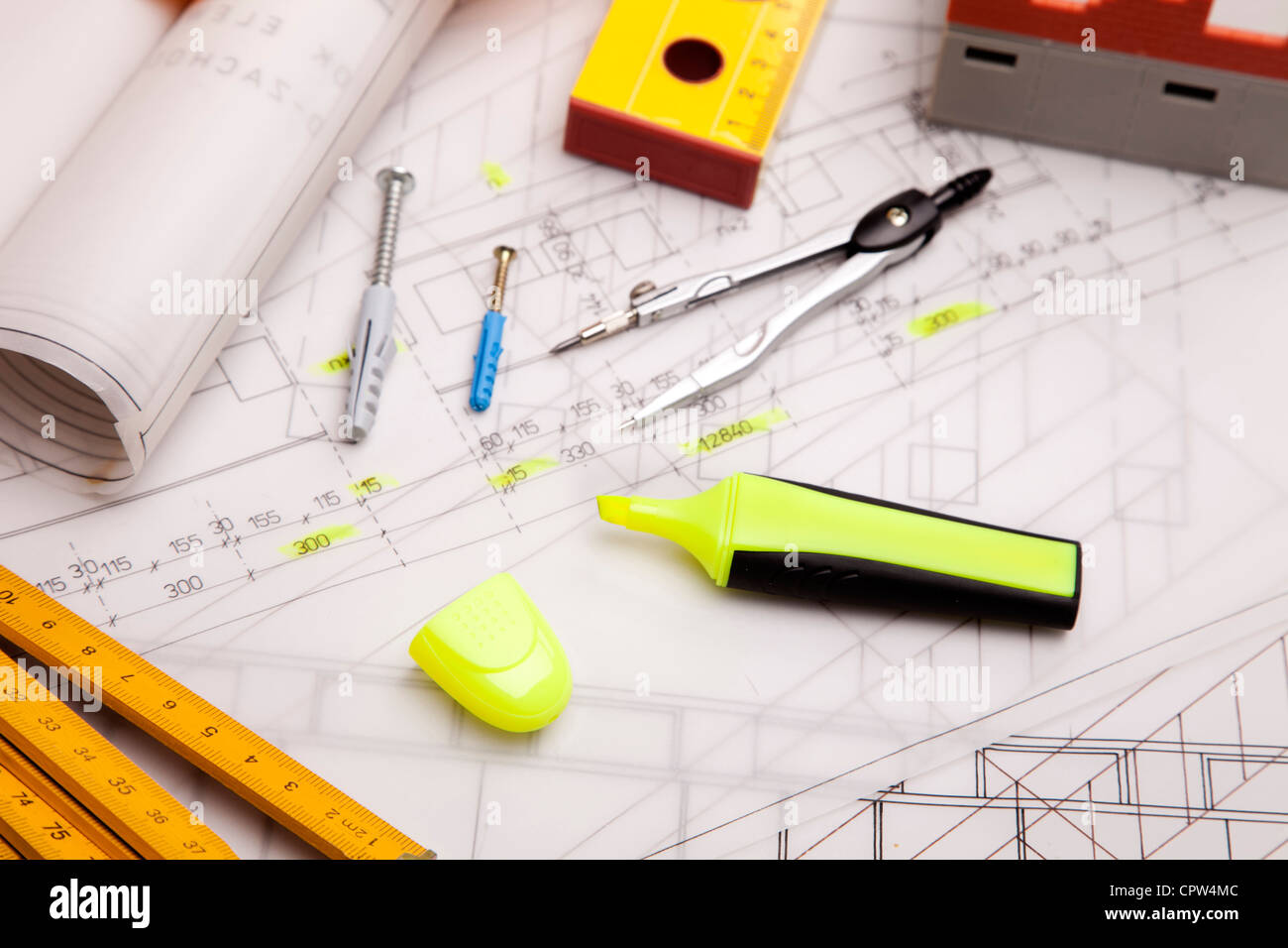 Architecture tools, blueprints Stock Photo - Alamy