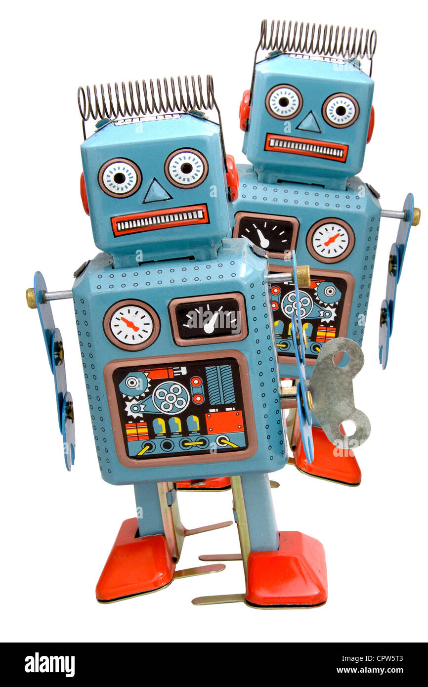 two retro robots on white Stock Photo - Alamy
