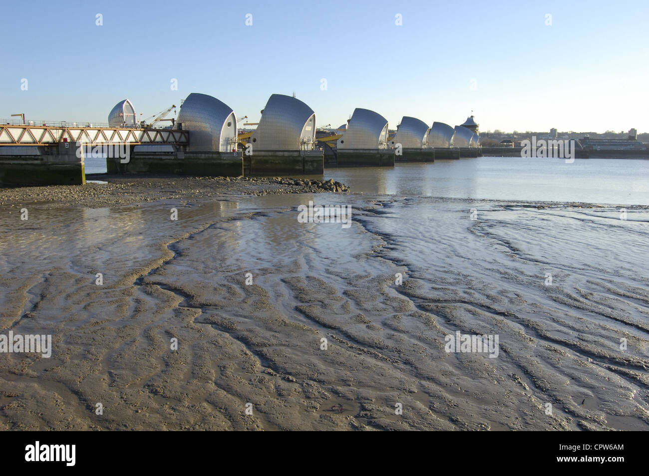 The Thames barrier at low tide in London, England Stock Photo - Alamy