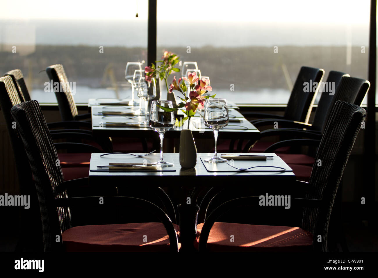 Modern restaurant interior with scenic seaside view Stock Photo - Alamy