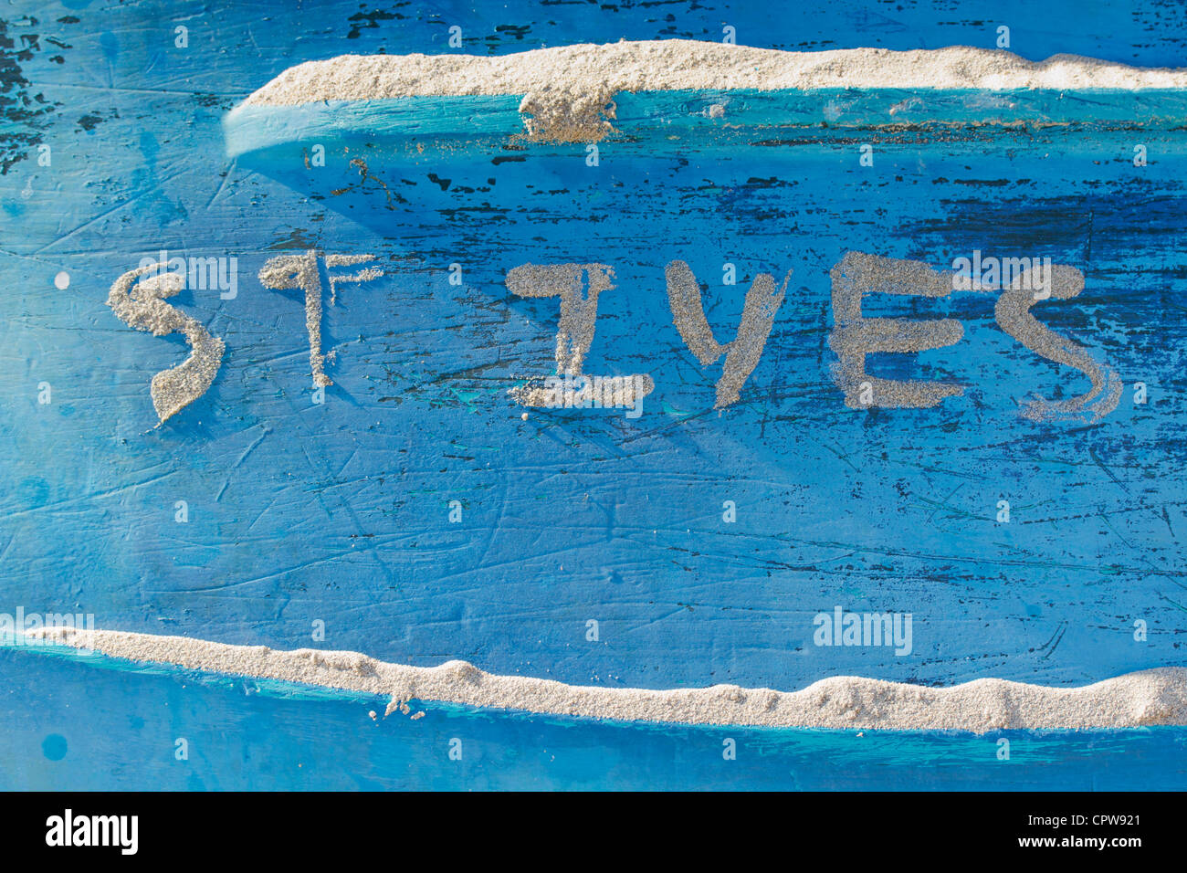 Close up of a boat in St Ives with the name written in sand Stock Photo ...