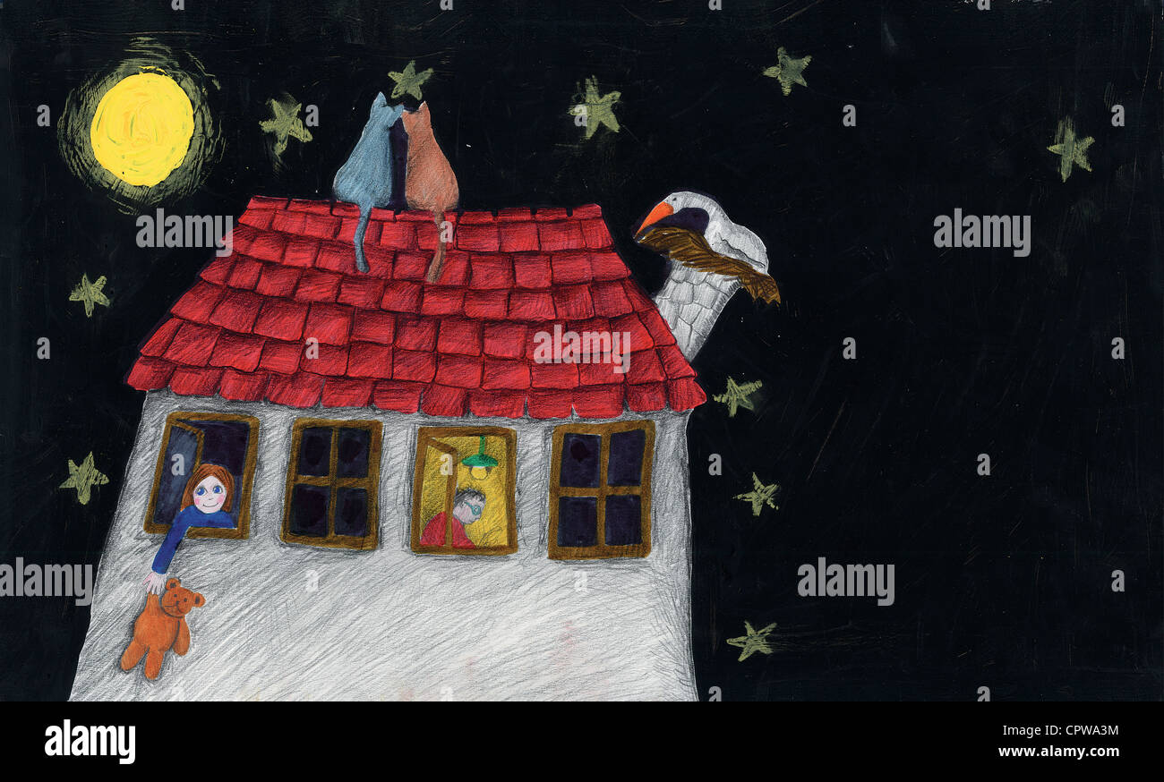 Hand made illustration of family house in the night Stock Photo - Alamy
