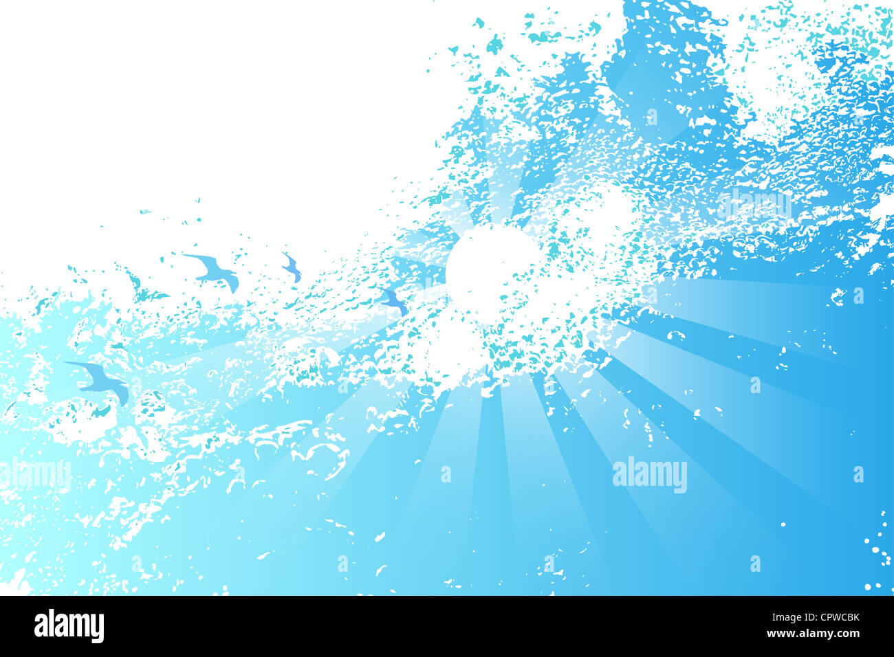 Abstract background of blue sky with birds and sun. Simulation of ...