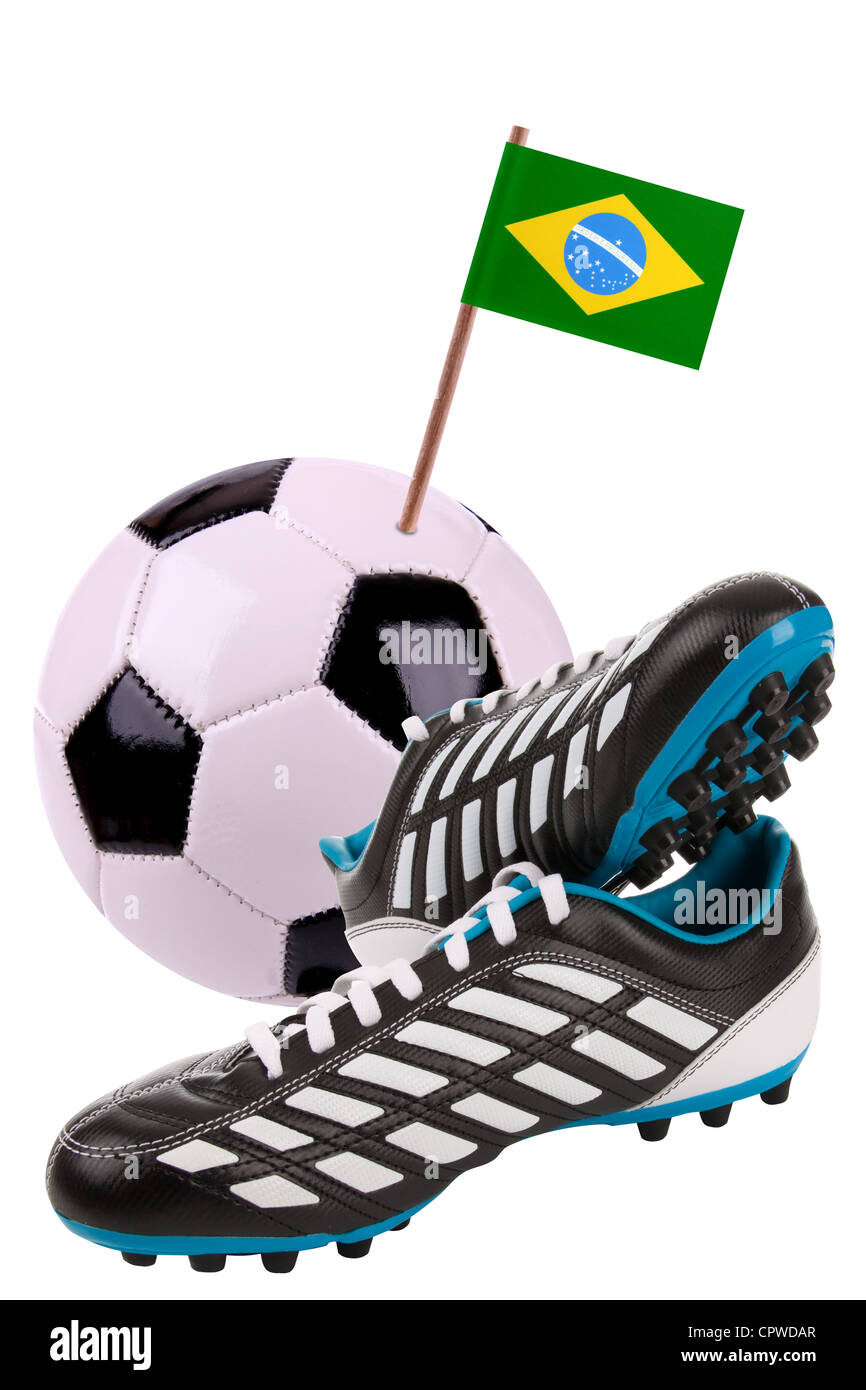 Pair of cleats or football boots with a small flag of Brazil Stock ...