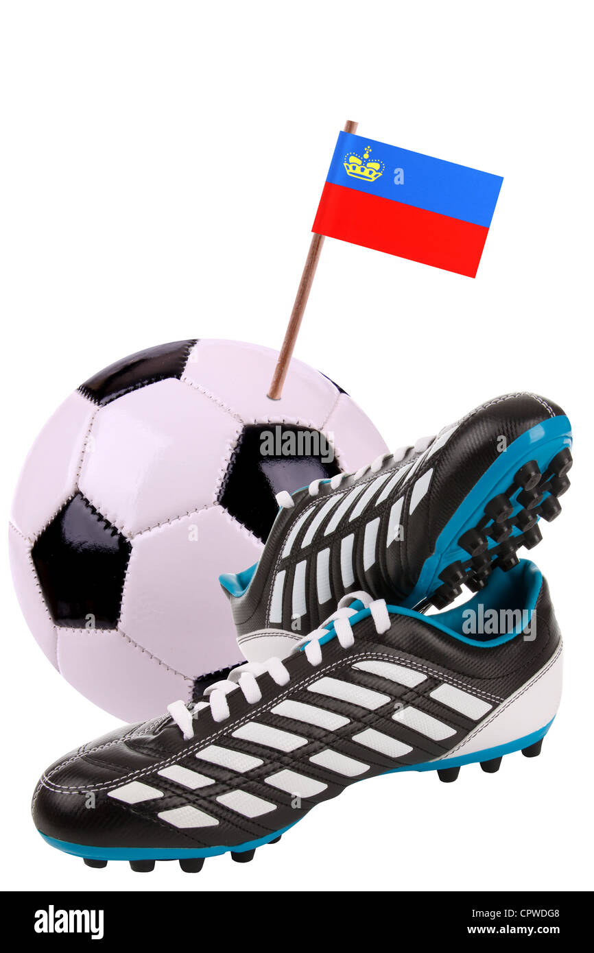 Pair of cleats or football boots with a small flag of Liechtenstein ...