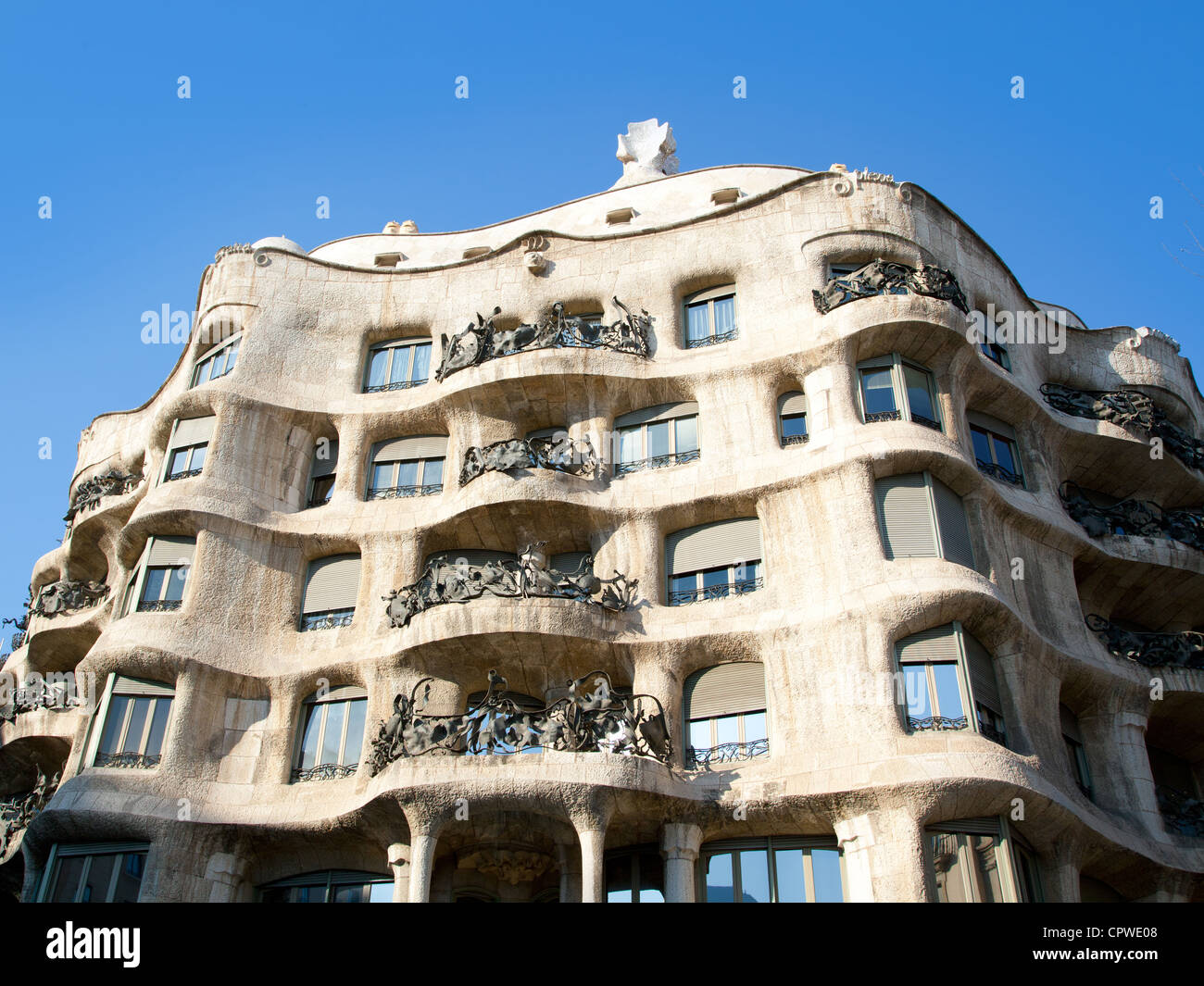 Barcelona La Pedrera facade by Gaudi architect in Paseo de Gracia Stock ...