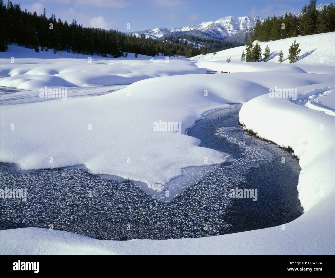 Sawtooth National Recreation Area, ID: Open ice & snow covered banks of ...