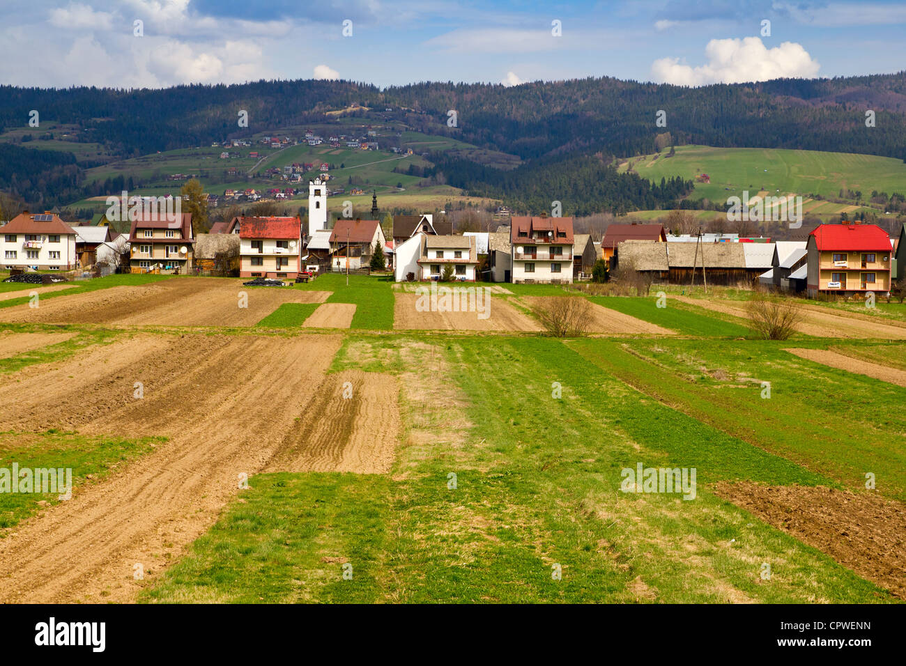 Scene from southern rural Poland - Homes and fields Stock Photo - Alamy