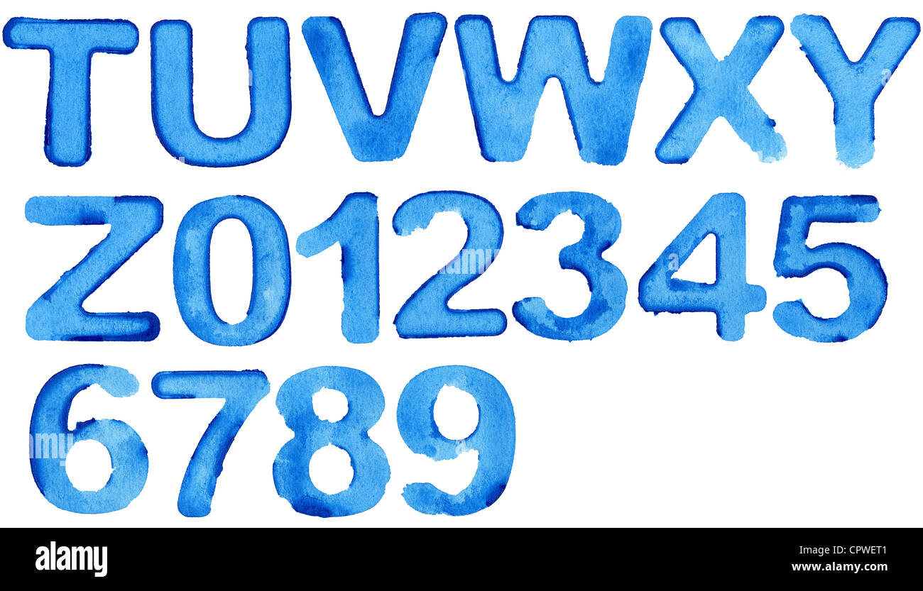 Painted blue watercolor alphabet, isolated Stock Photo - Alamy