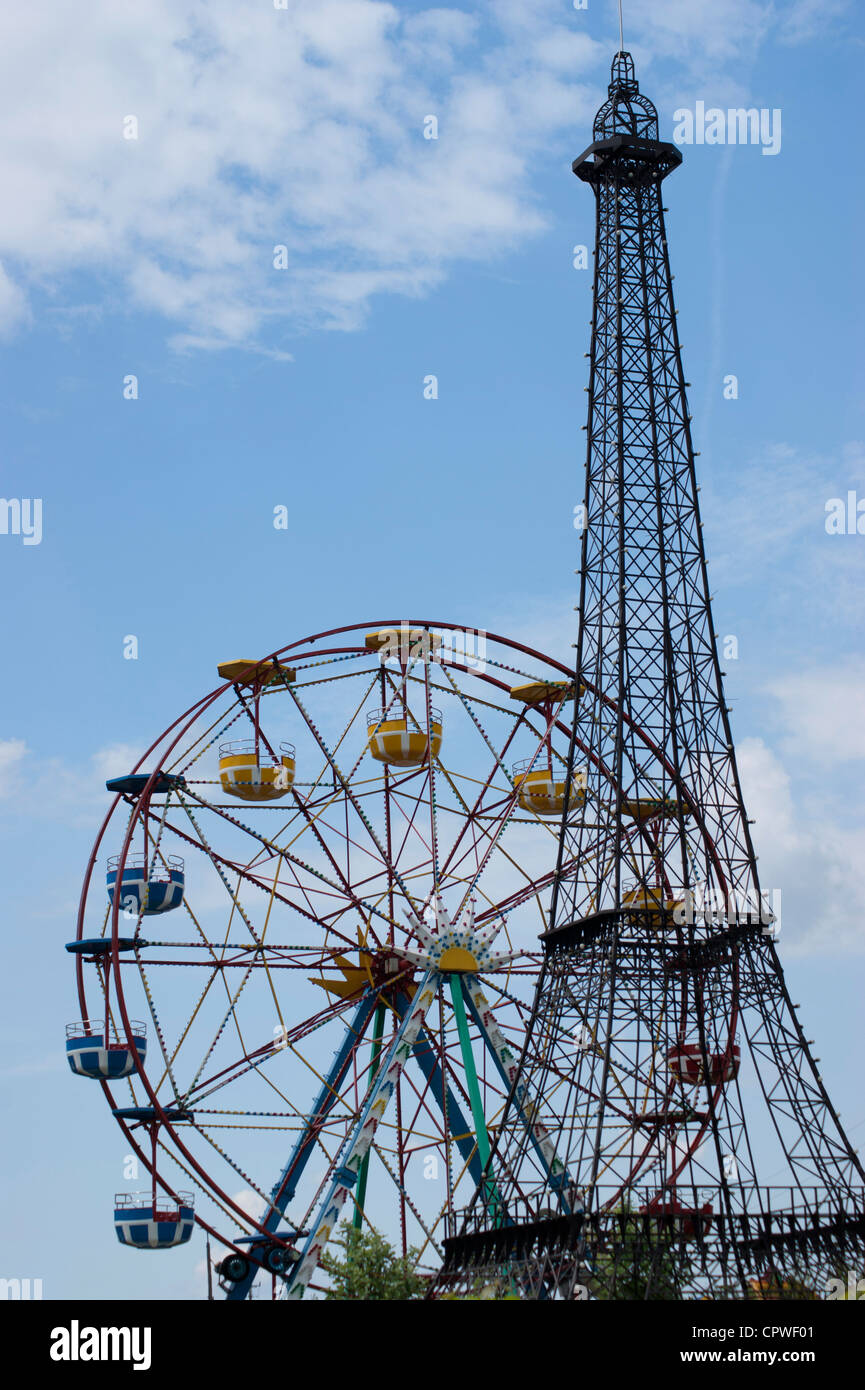 Carousel and Eiffel Tower in Miniature Park in Inwald in Poland, Eiffl ...
