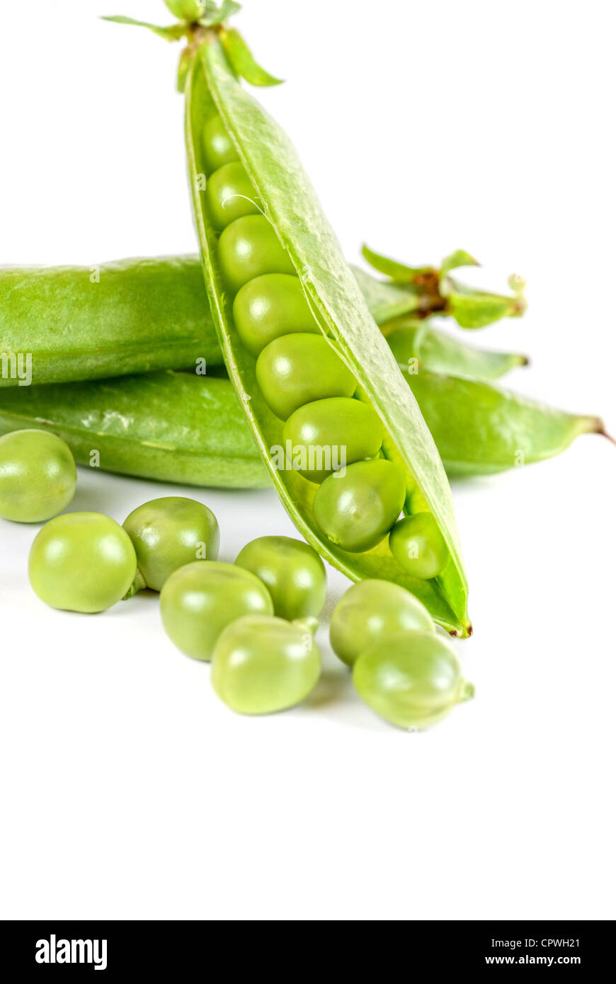 Ripe pea vegetable with green leaf isolated on white background Stock ...