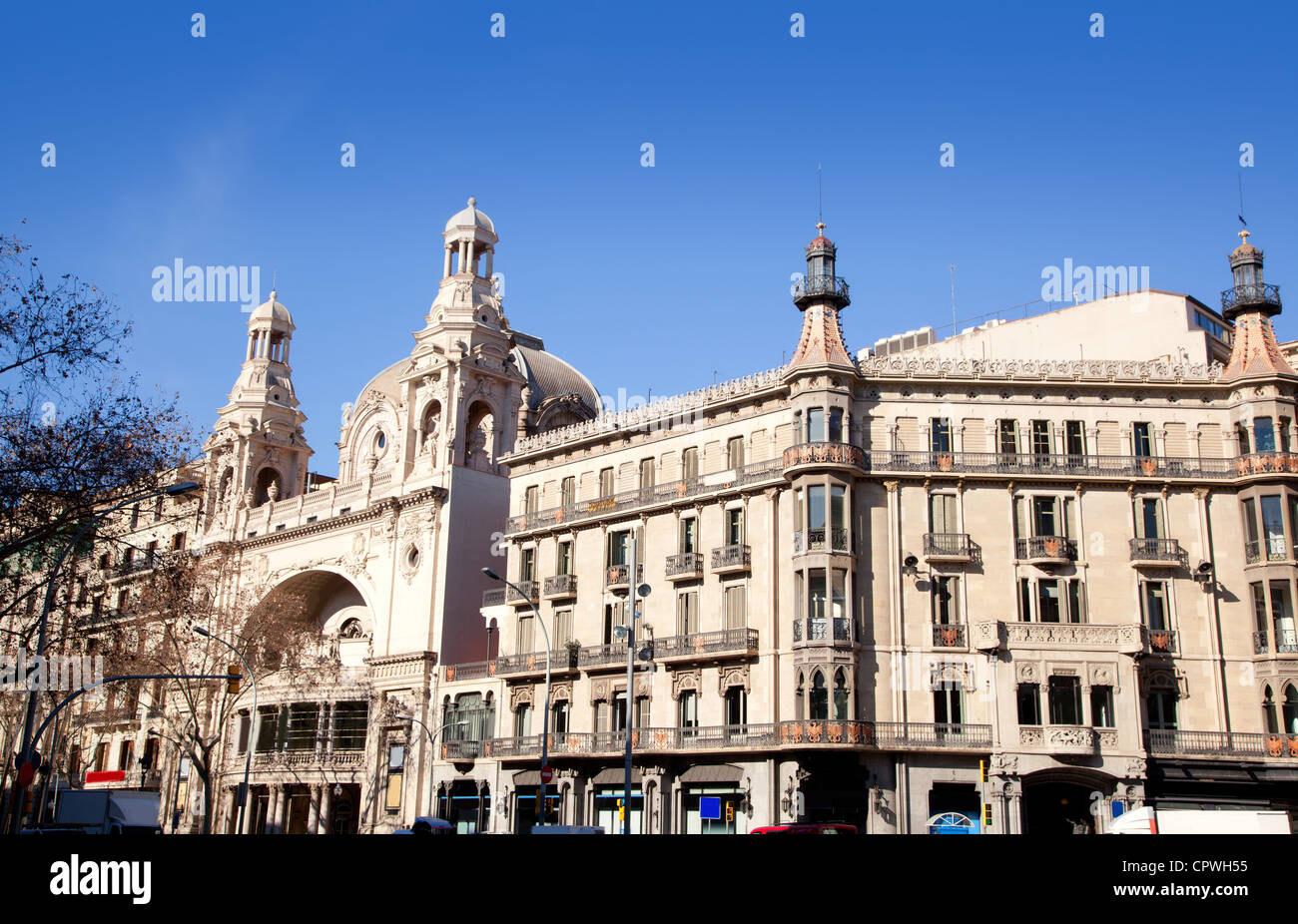 Barcelona city buildings Gran Via and Rambla de Catalunya corner Stock ...