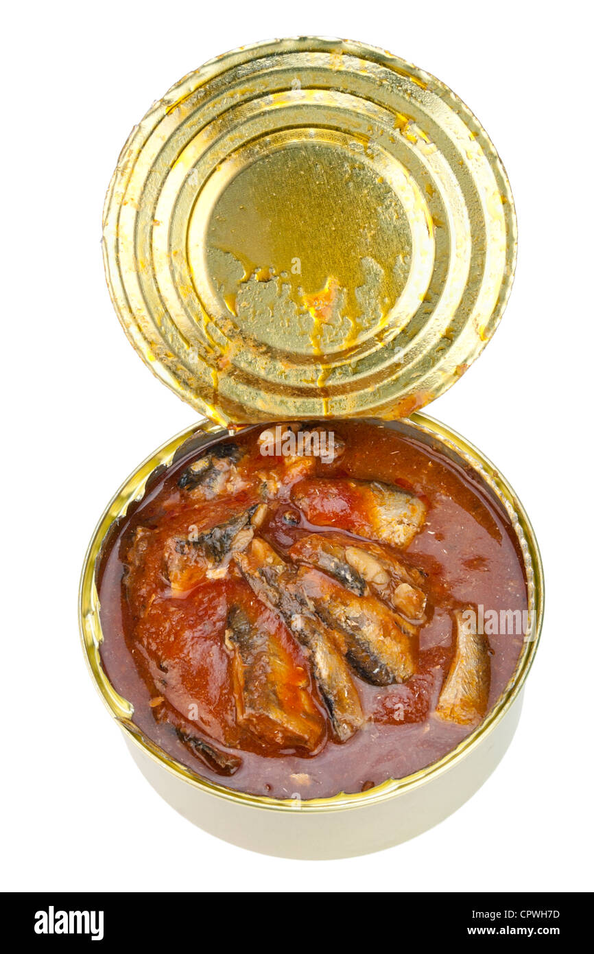 Open tin of canned food - a sprats in tomato sauce isolated. Mass ...