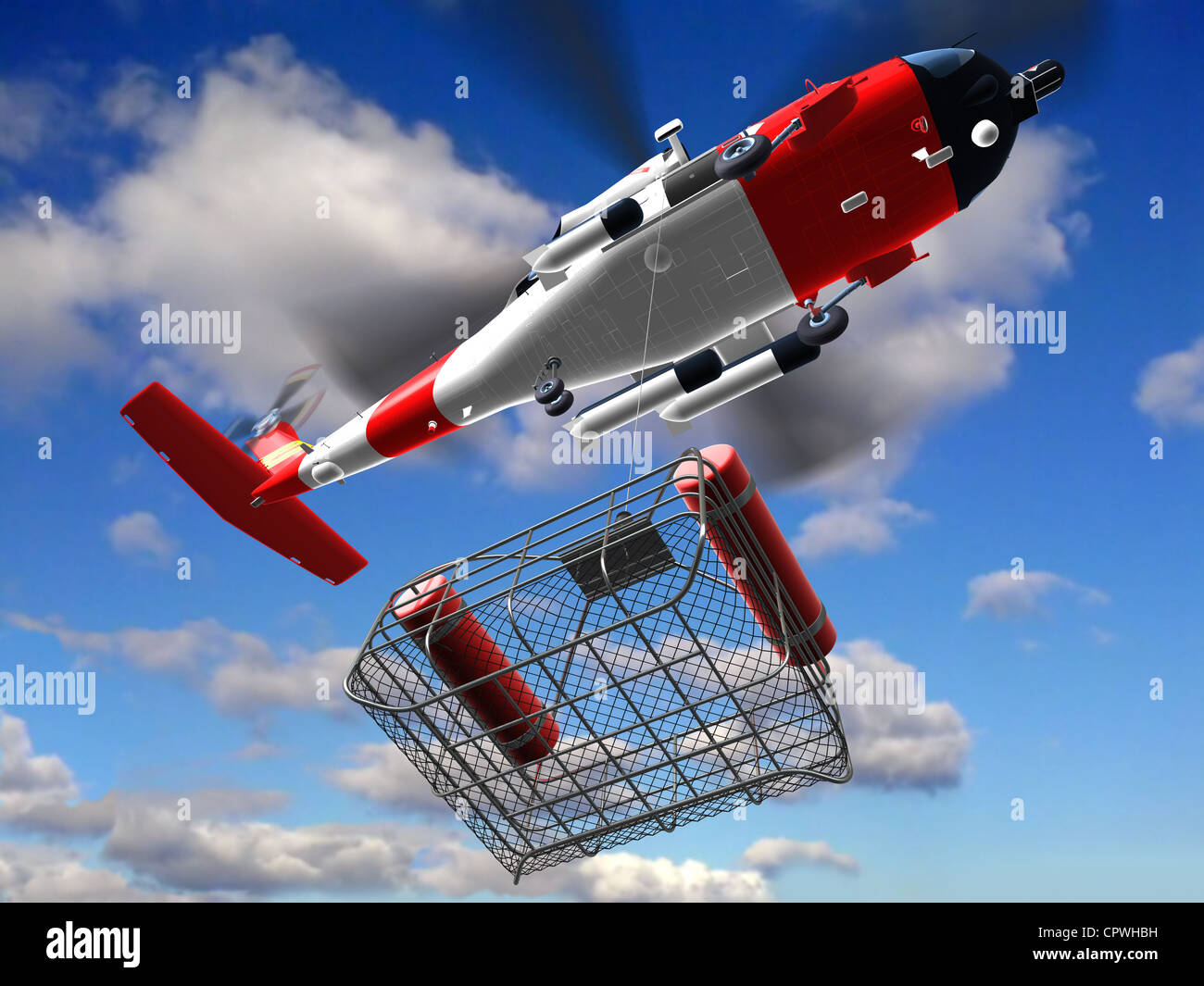 Coast Guard lowering rescue litter with a clear blue sky background ...