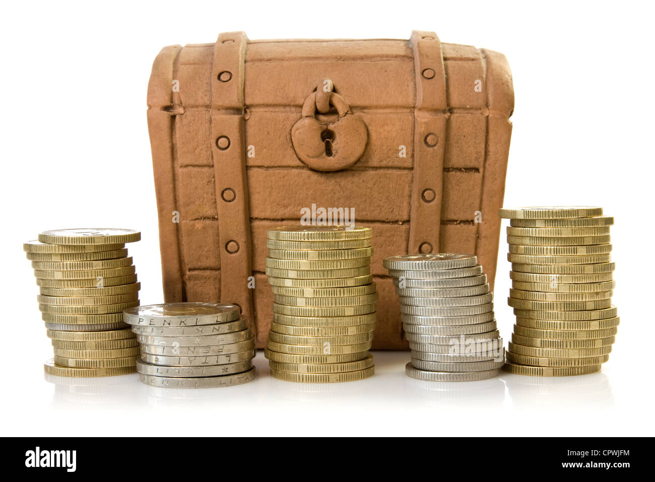 coins and ceramic chest over a white background Stock Photo - Alamy
