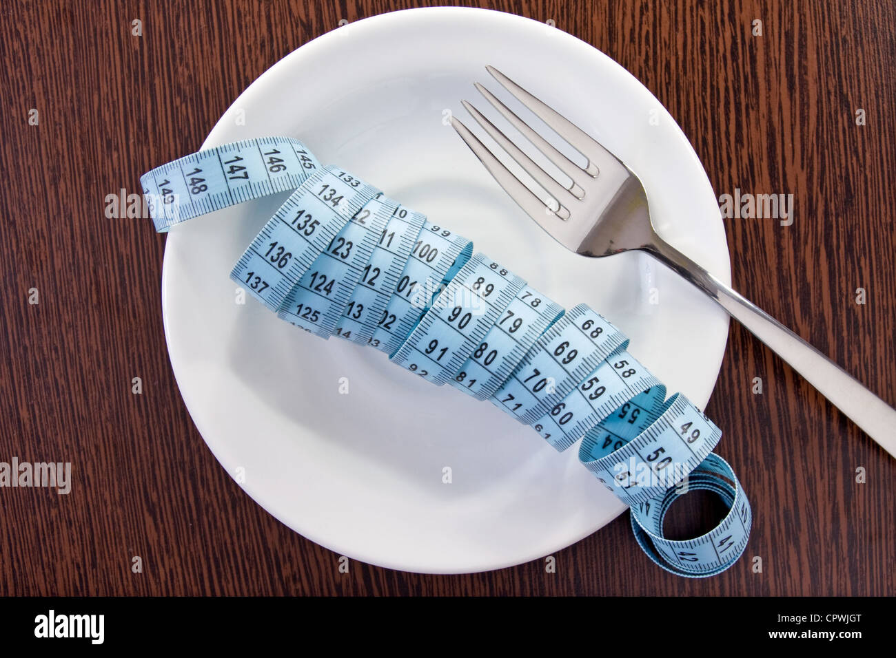 concept for healthy eating. plate with measuring tape and fork Stock ...
