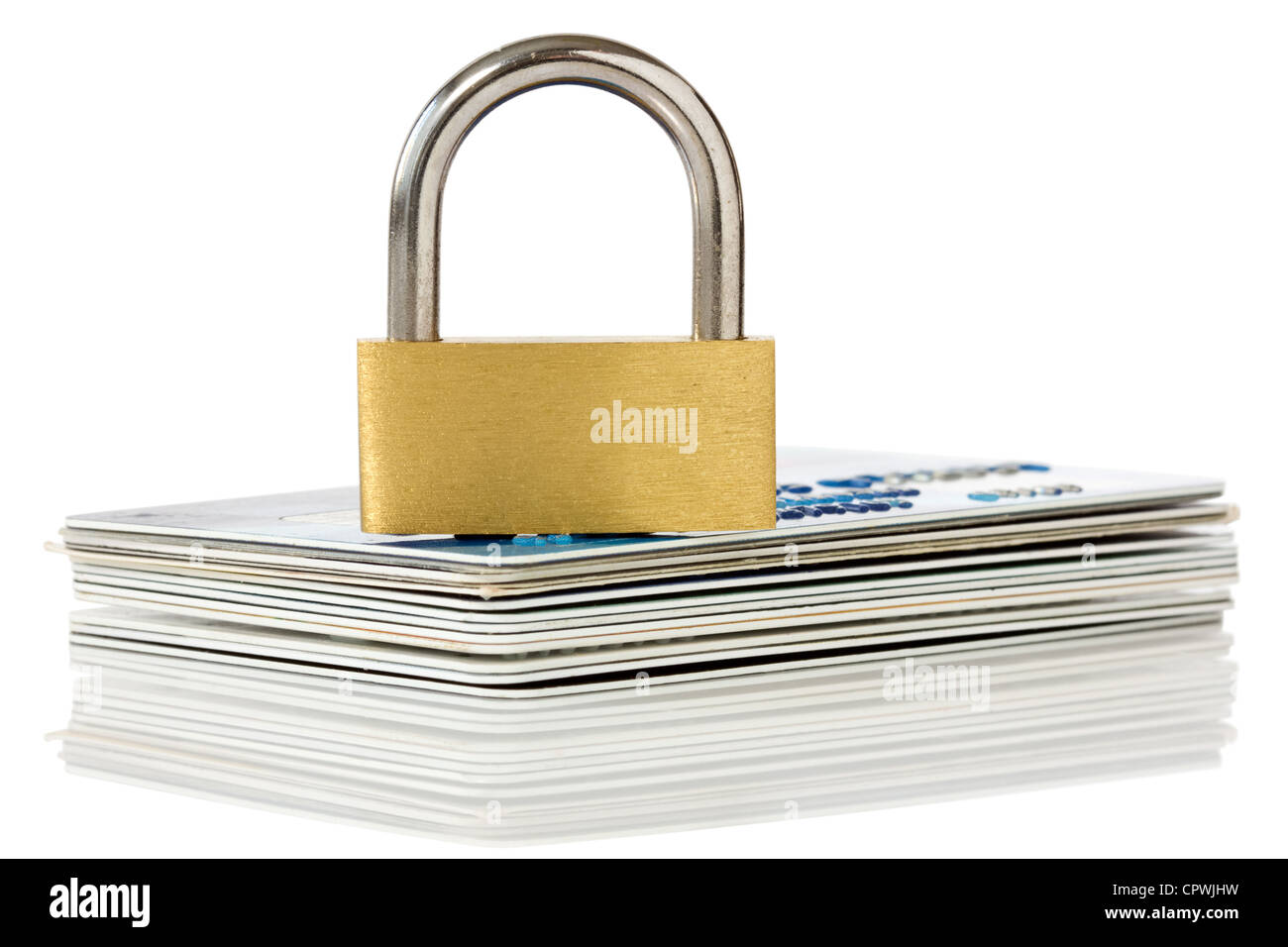 Credit cards and padlock with reflection on white background Stock ...