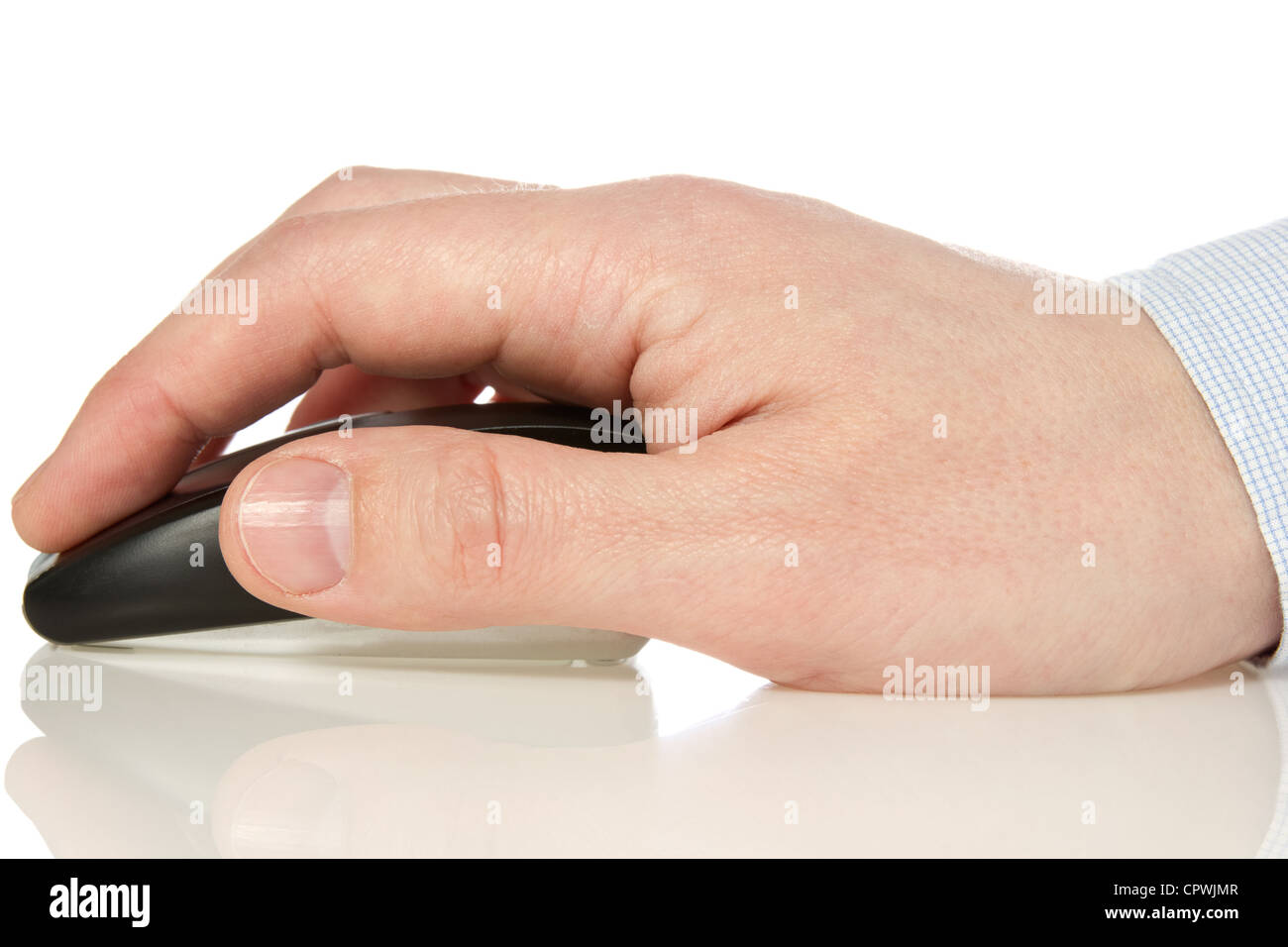 Hand holding wireless computer mouse over a white background Stock ...
