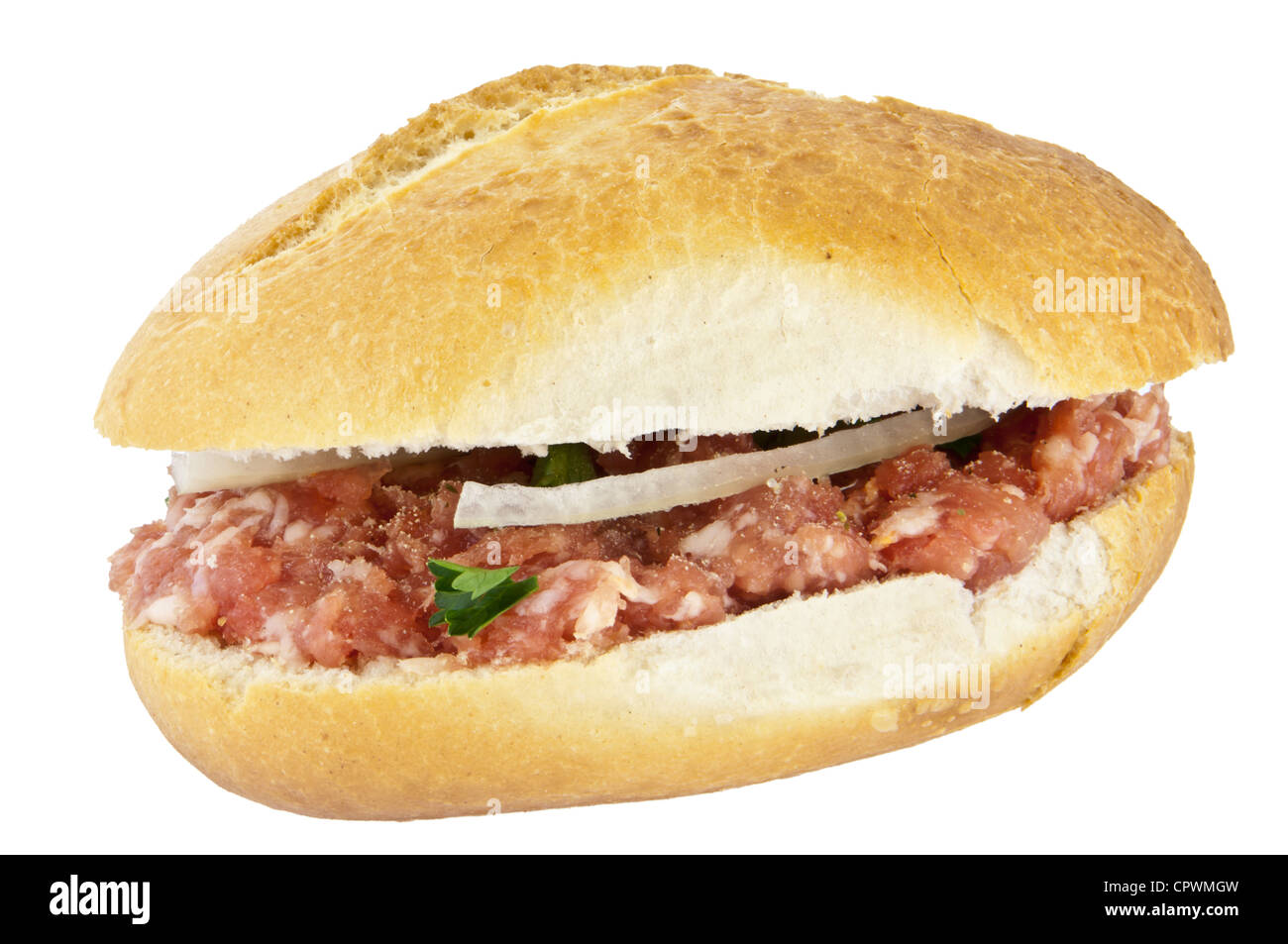 Roll with minced pork (In German called Mettbrötchen) isolated on white ...
