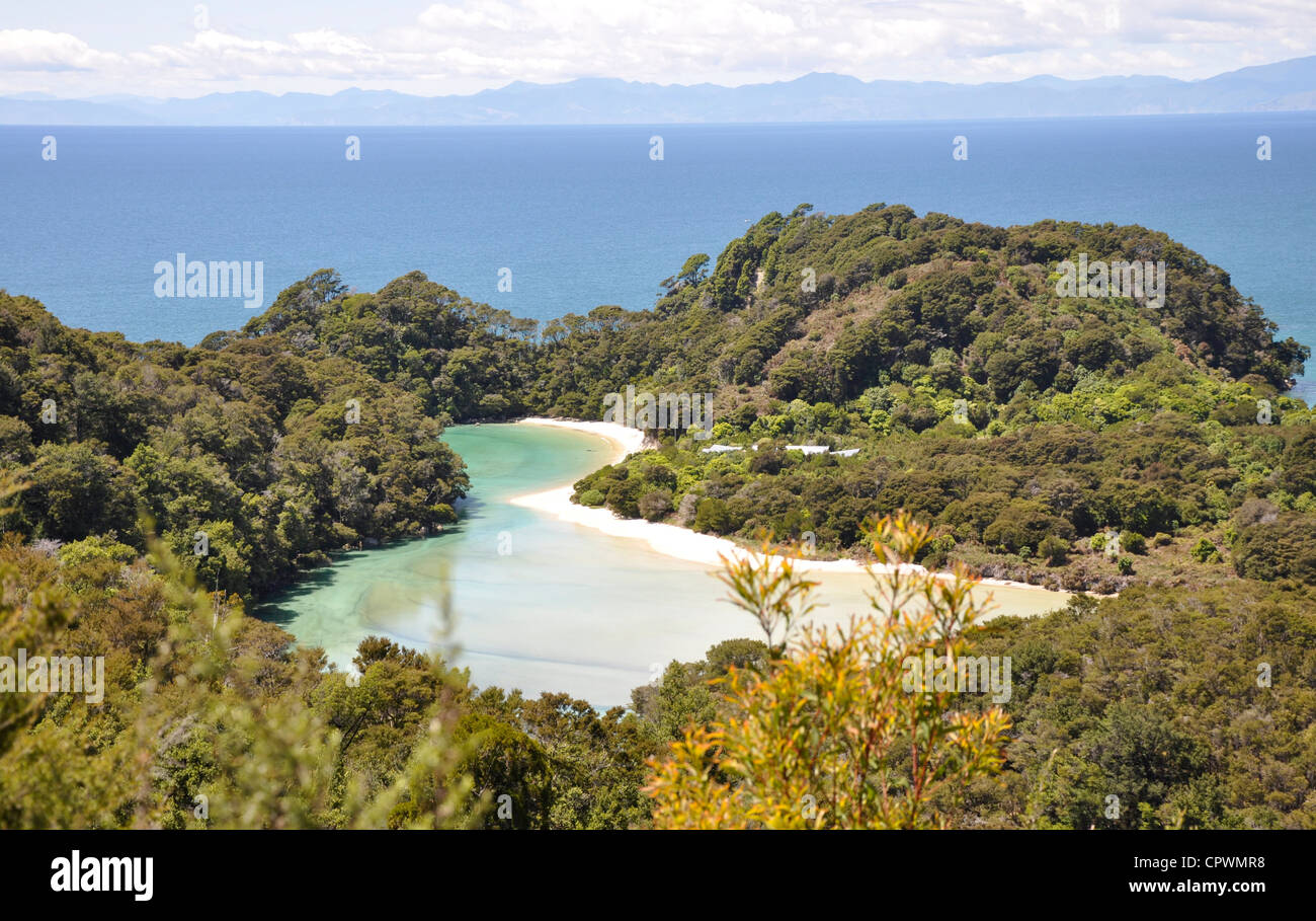 Frenchmans Bay cove tidal lagoon viewed from above Abel Tasman National ...