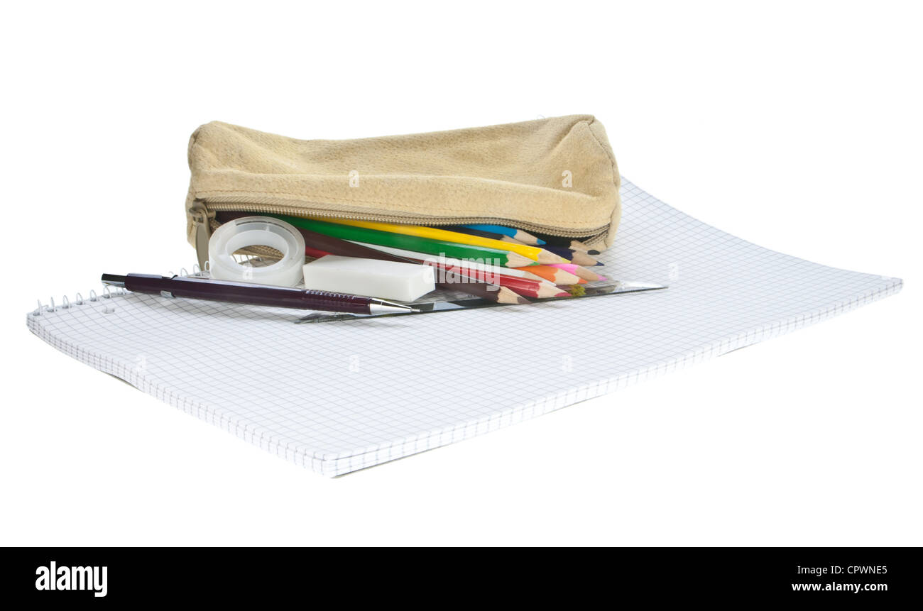 Pencil case with colorful pencils on paper Stock Photo - Alamy