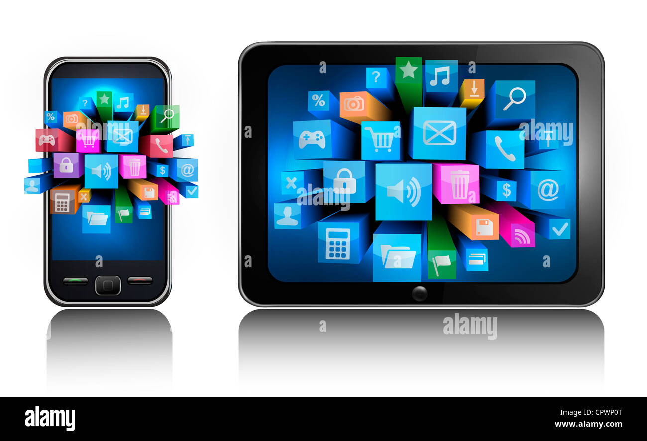 Mobile phone and tablet pc with colorful icons Stock Photo - Alamy