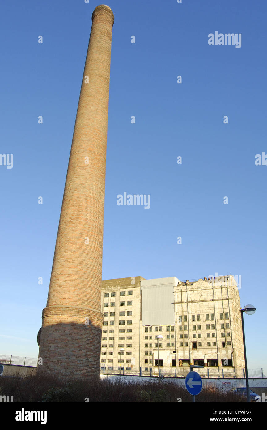 Chimney column and derelict warehouse building at Royal Victoria Dock ...