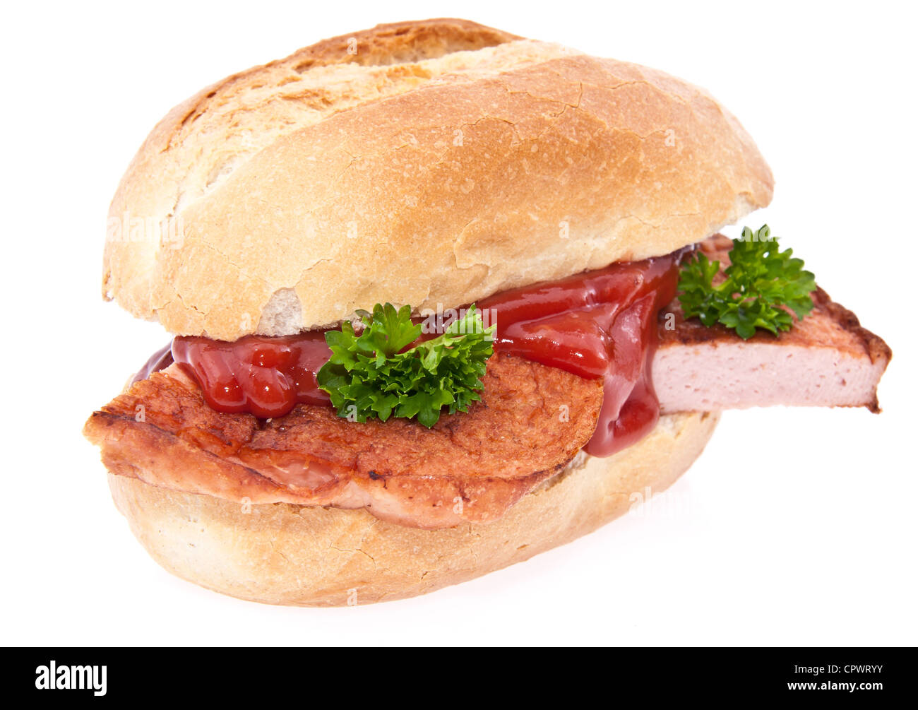 Meat loaf roll with parsley and ketchup isolated on white background ...