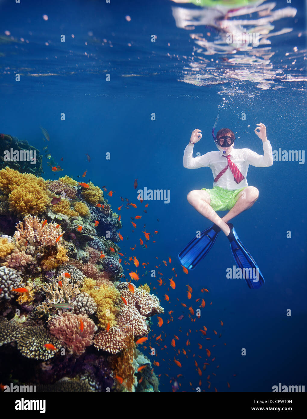 White collar worker man meditating underwater close to coral water with ...