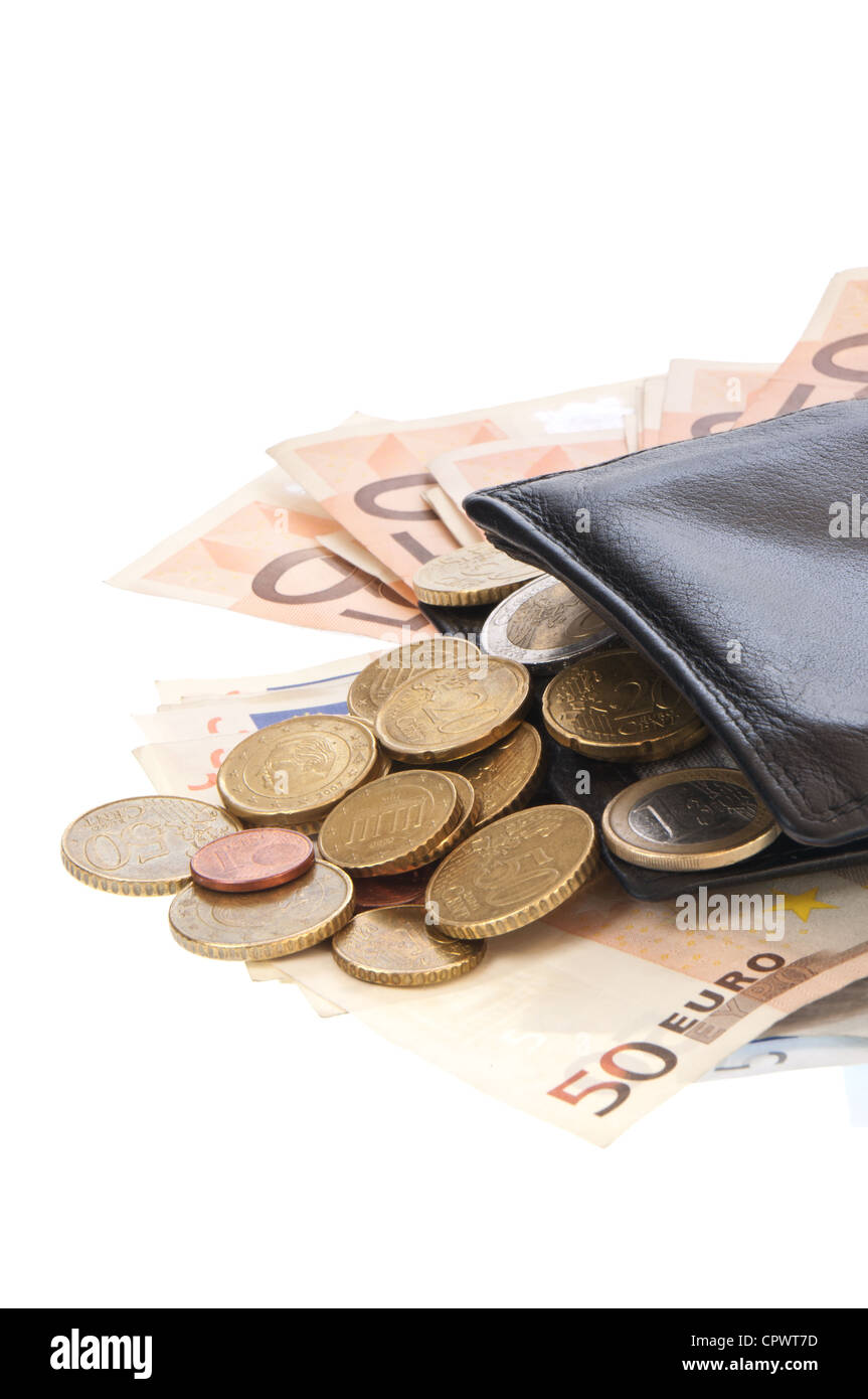 Wallet with EUR-bills and coins on white background Stock Photo - Alamy