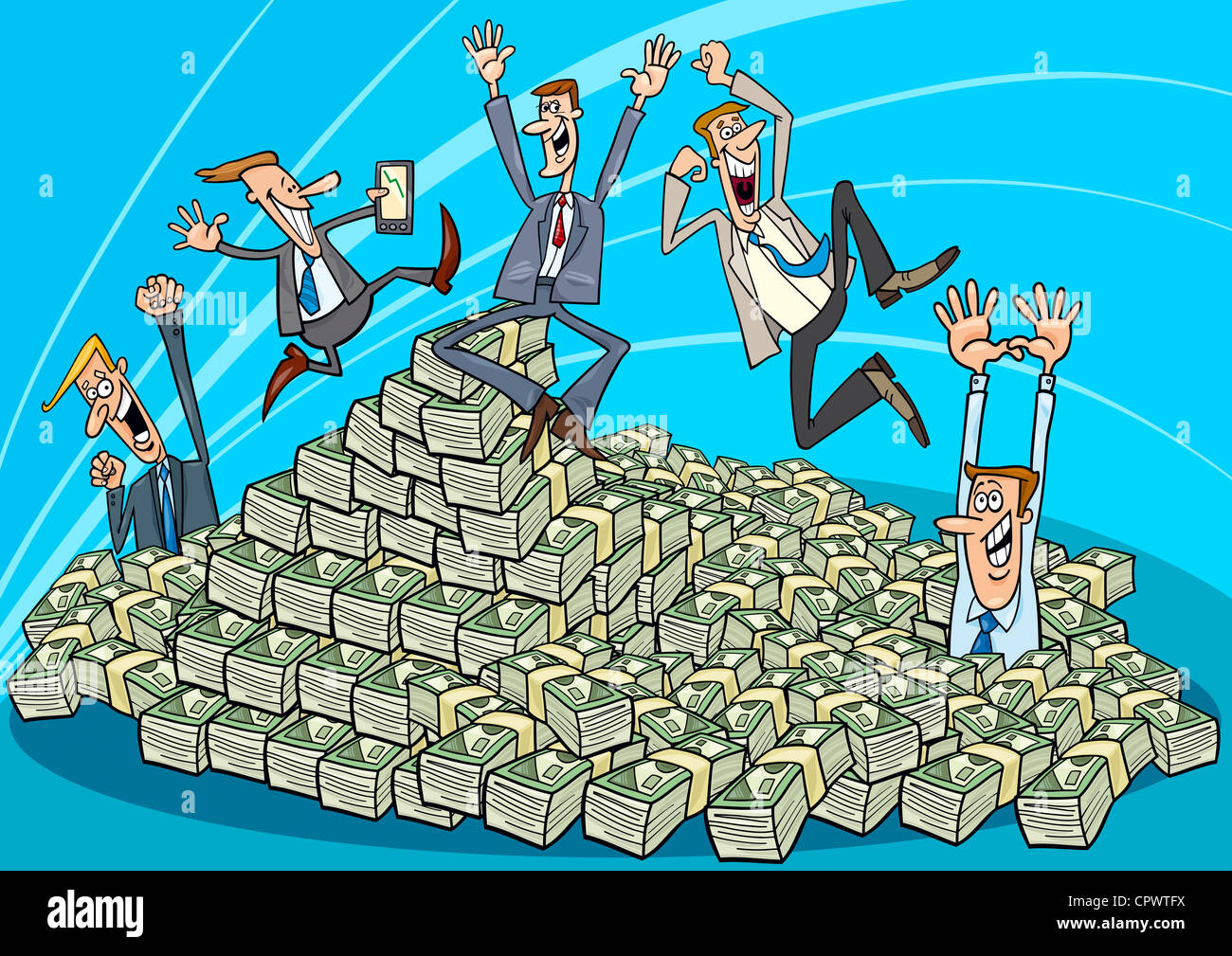 Cartoon Illustration of Happy Successful Businessmen and heap of money ...