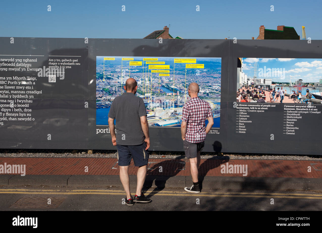 Welcome hoarding at Porth Teigr Cardiff bay Stock Photo - Alamy