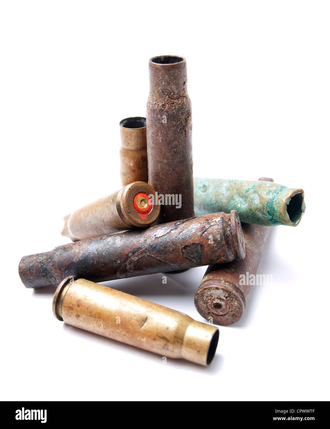 Lot of various old bullet cartridges on a white background Stock Photo ...