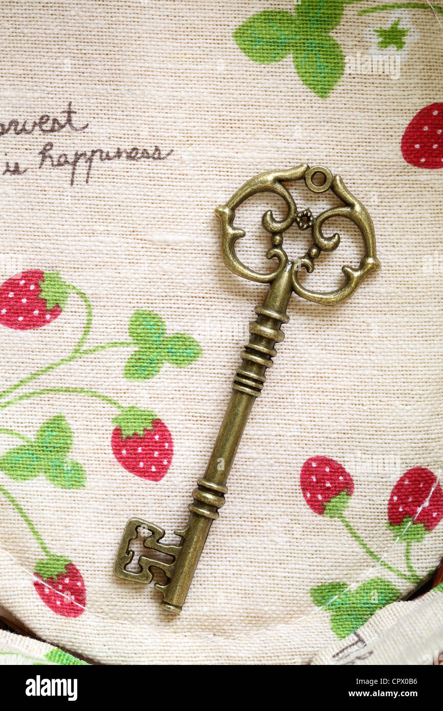 Antique key on cotton fabric Stock Photo - Alamy