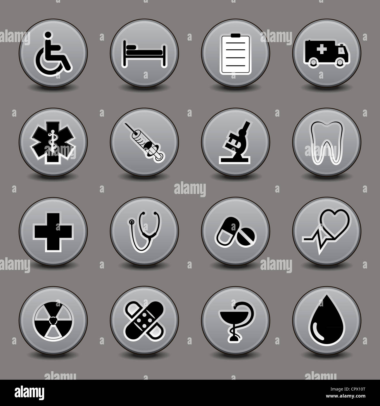 Set of icons on a medical subject, a round form, in gray tones Stock ...