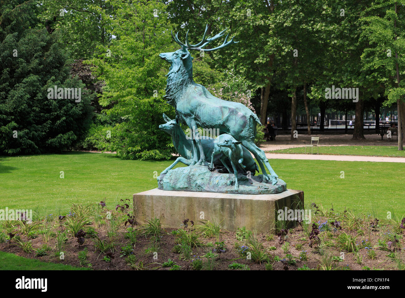 Bronze statue of a stag, doe, and fawn in the Luxembourg Gardens, Paris ...