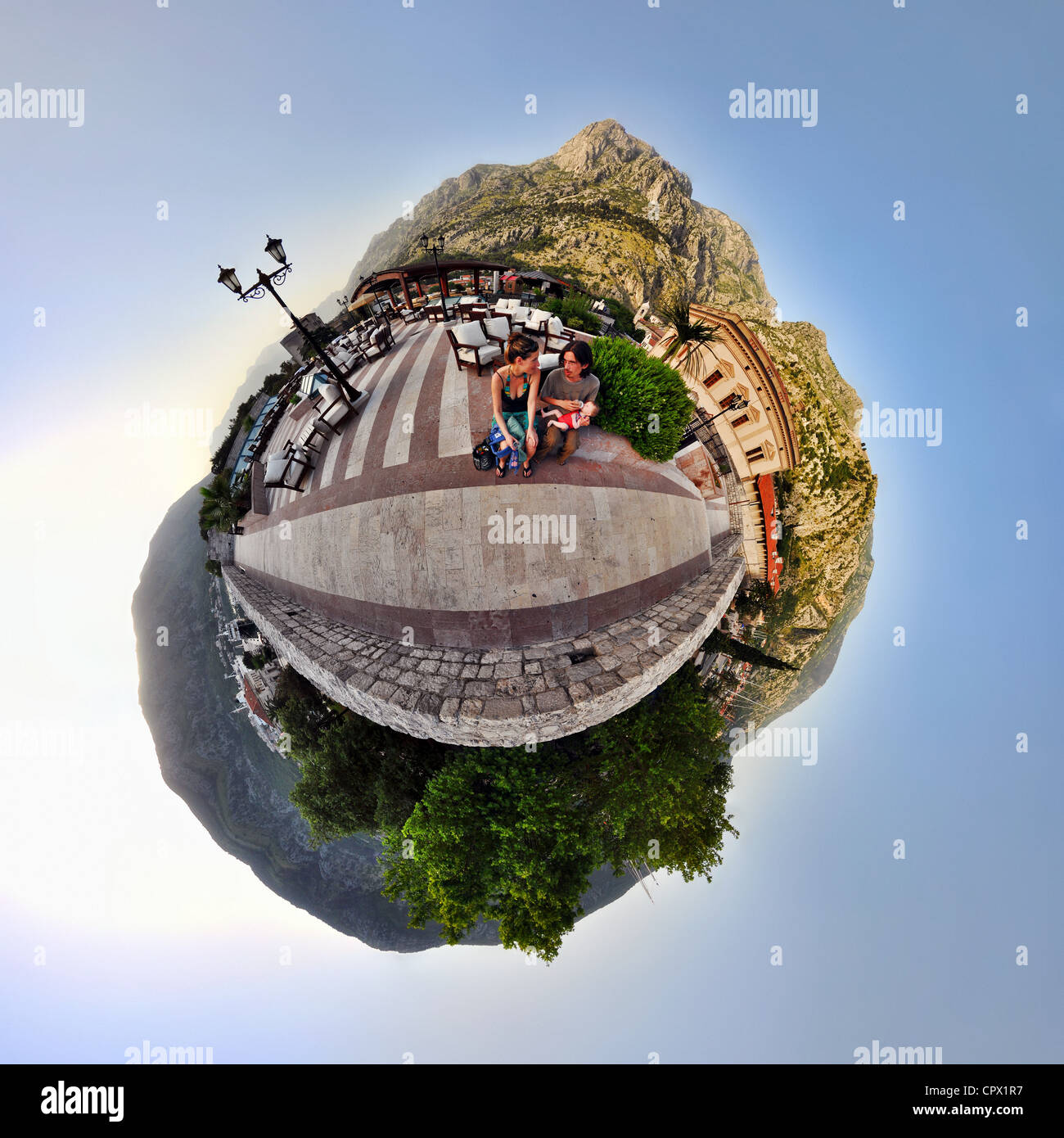 Family on vacation in Kotor, Montenegro, little planet effect Stock ...