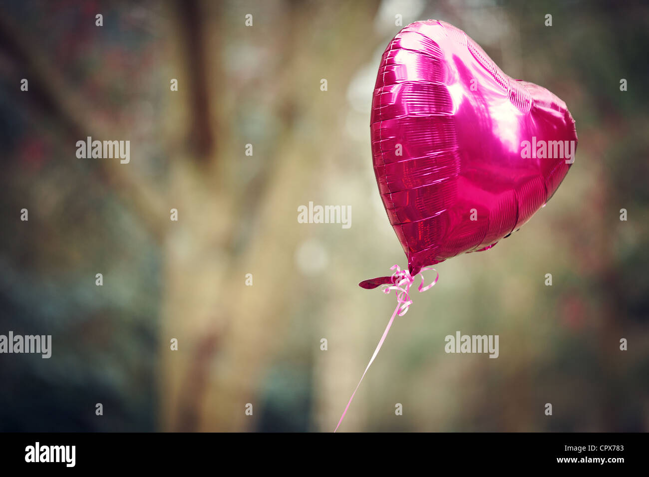 A pink balloon floating in a forest Stock Photo - Alamy